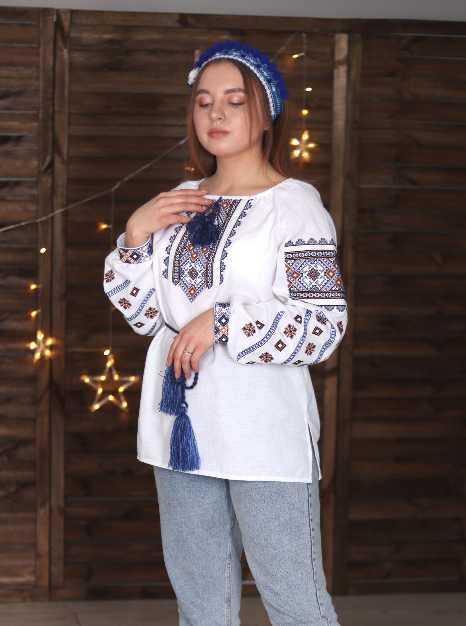 Ukrainian Embroidered Blouse for Women Slavic Blue & Olive - Etsy