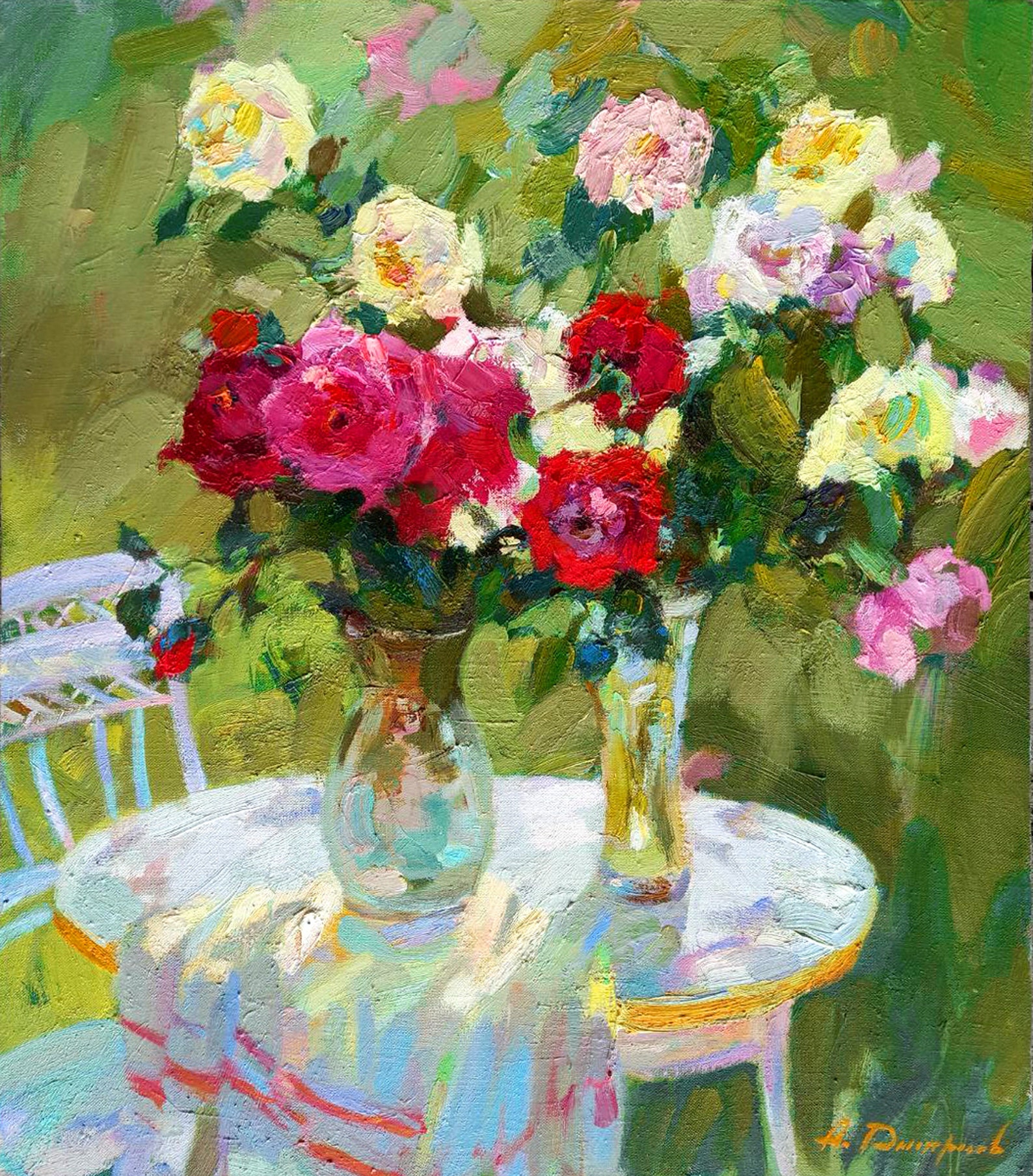 Romantic Garden Roses in Glass Vases on a Sunlit Table – Original ...