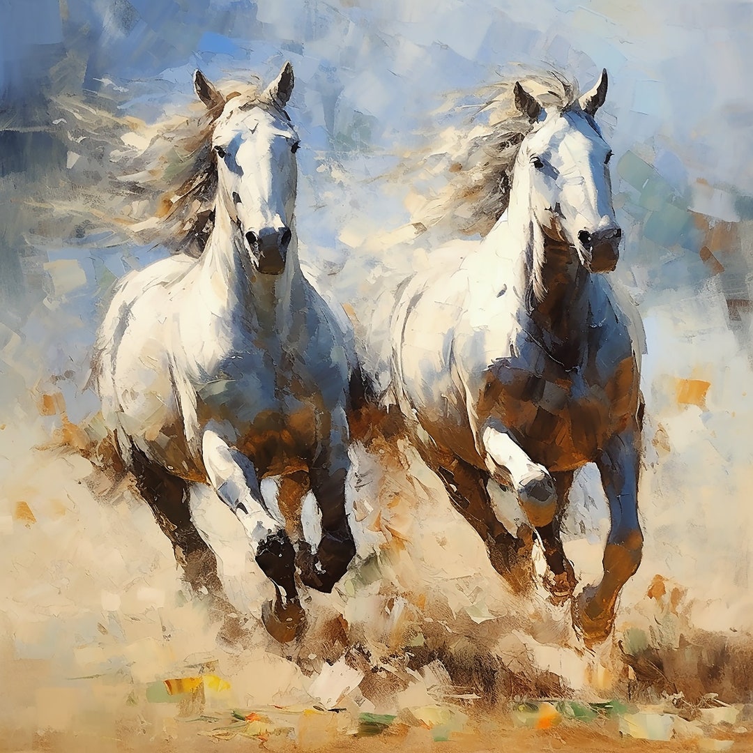 Horse Oil Painting Running White Horses Wall Art On Canvas Etsy