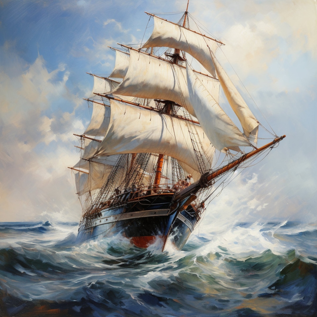 Original Tall Ship Sailboat Oil Painting Seascape Waves Nautical Wall ...