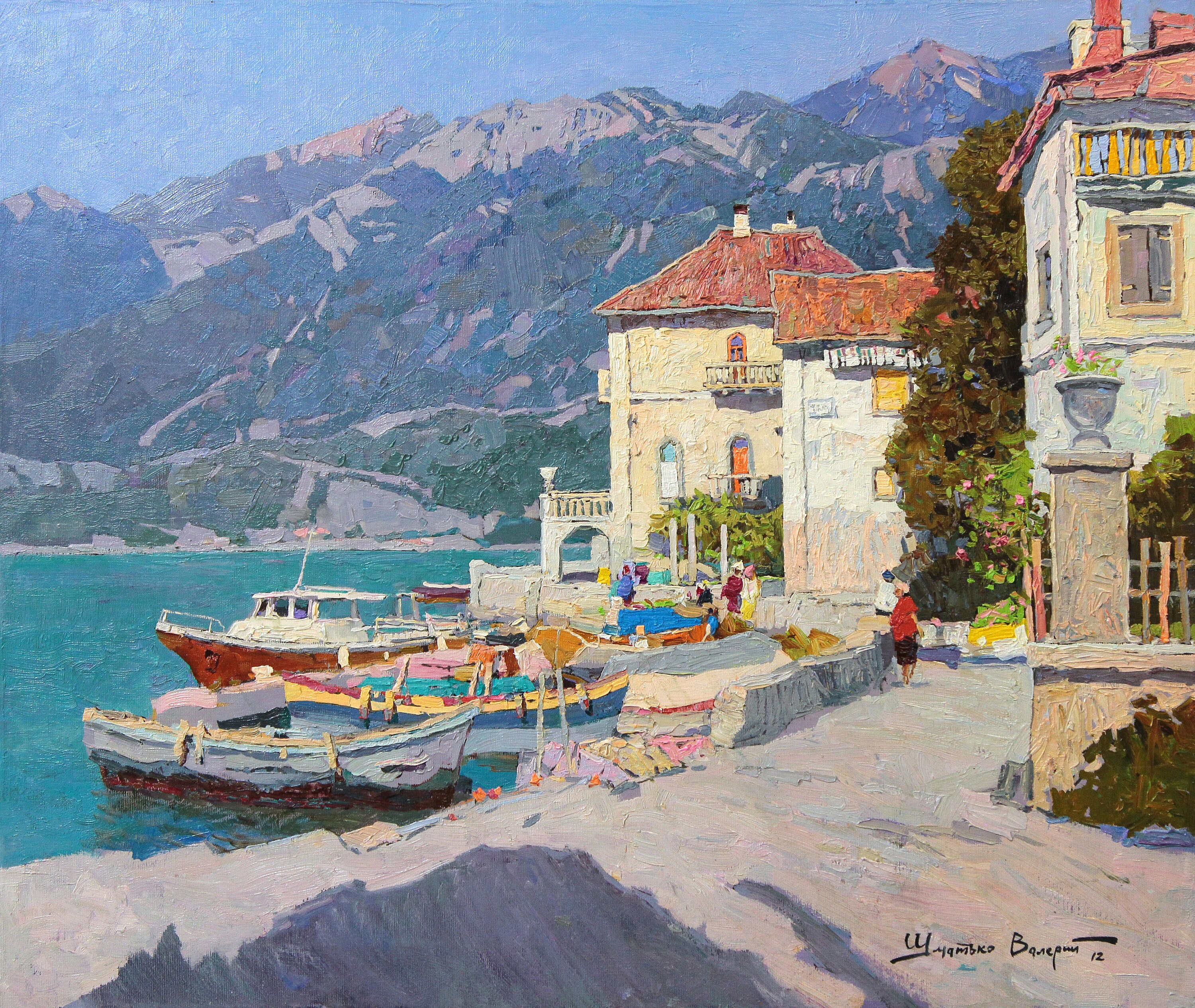 Impressionism Oil Painting on Canvas: Boats at the Pier, Coastal Art ...