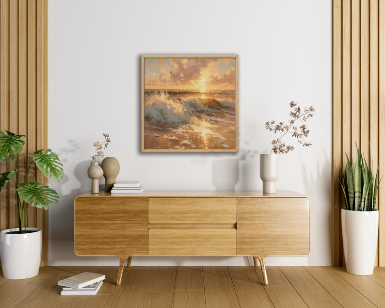 Original Oil Seascape Painting, Impressionist Ocean Waves at Golden ...