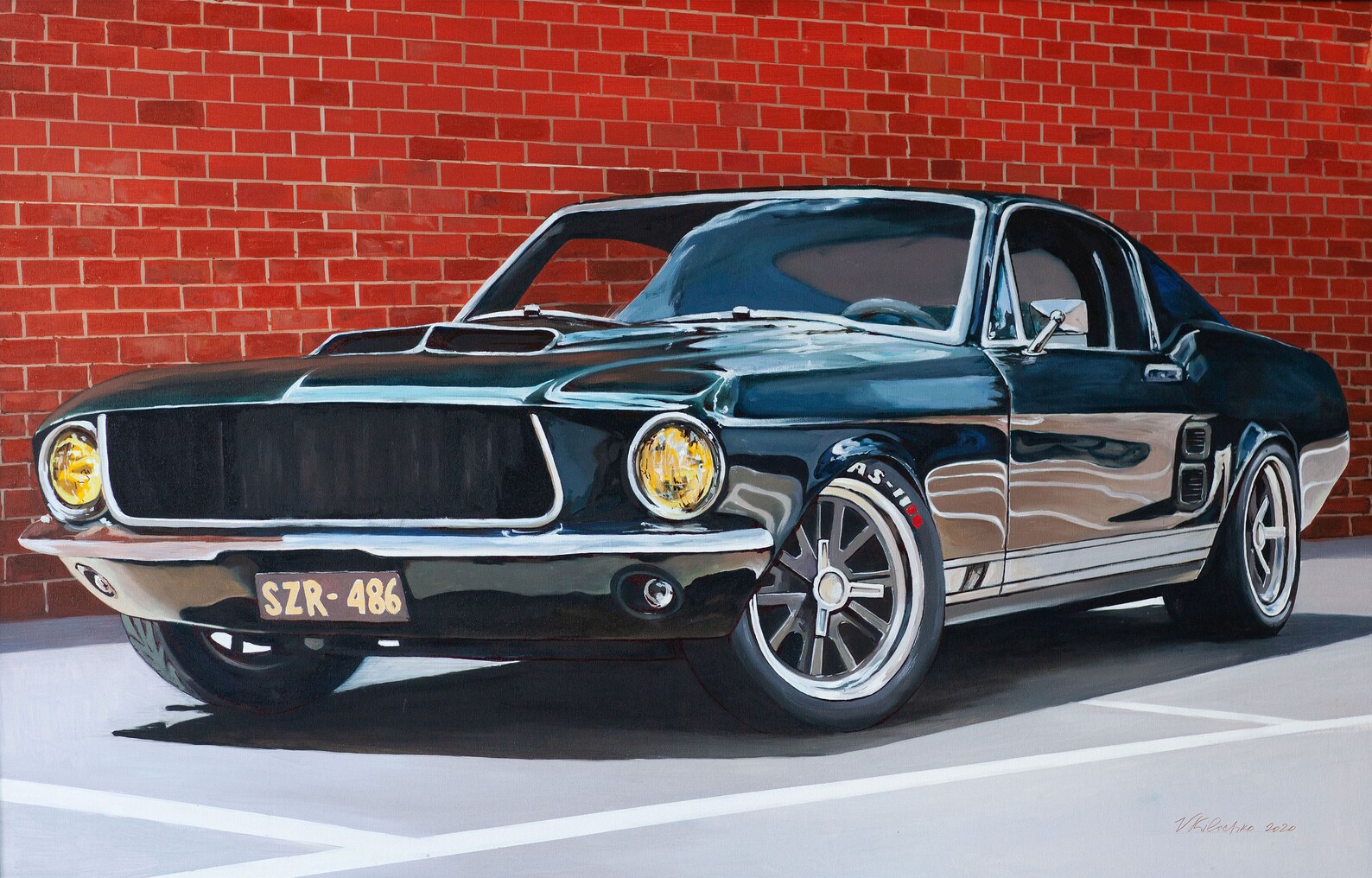 Retro Car Painting Art: Vintage-style Carblack Mustang in Realism Style ...