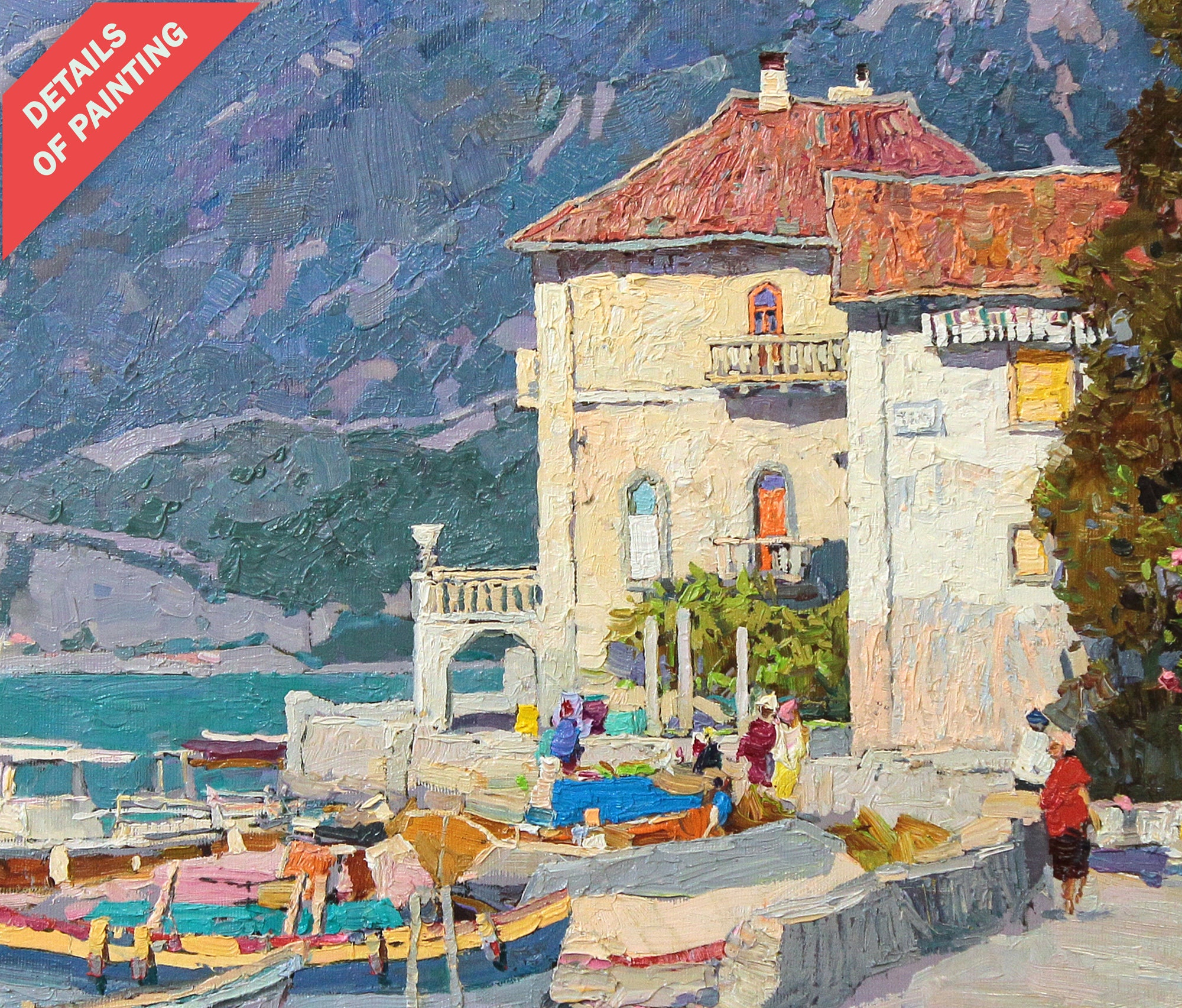 Impressionism Oil Painting on Canvas: Boats at the Pier, Coastal Art ...