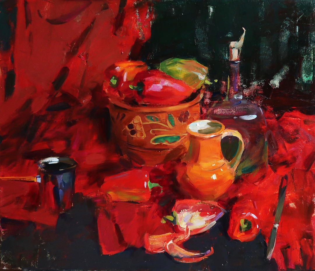 Vibrant Still Life With Peppers, Pottery, and Fiery Red Textures ...