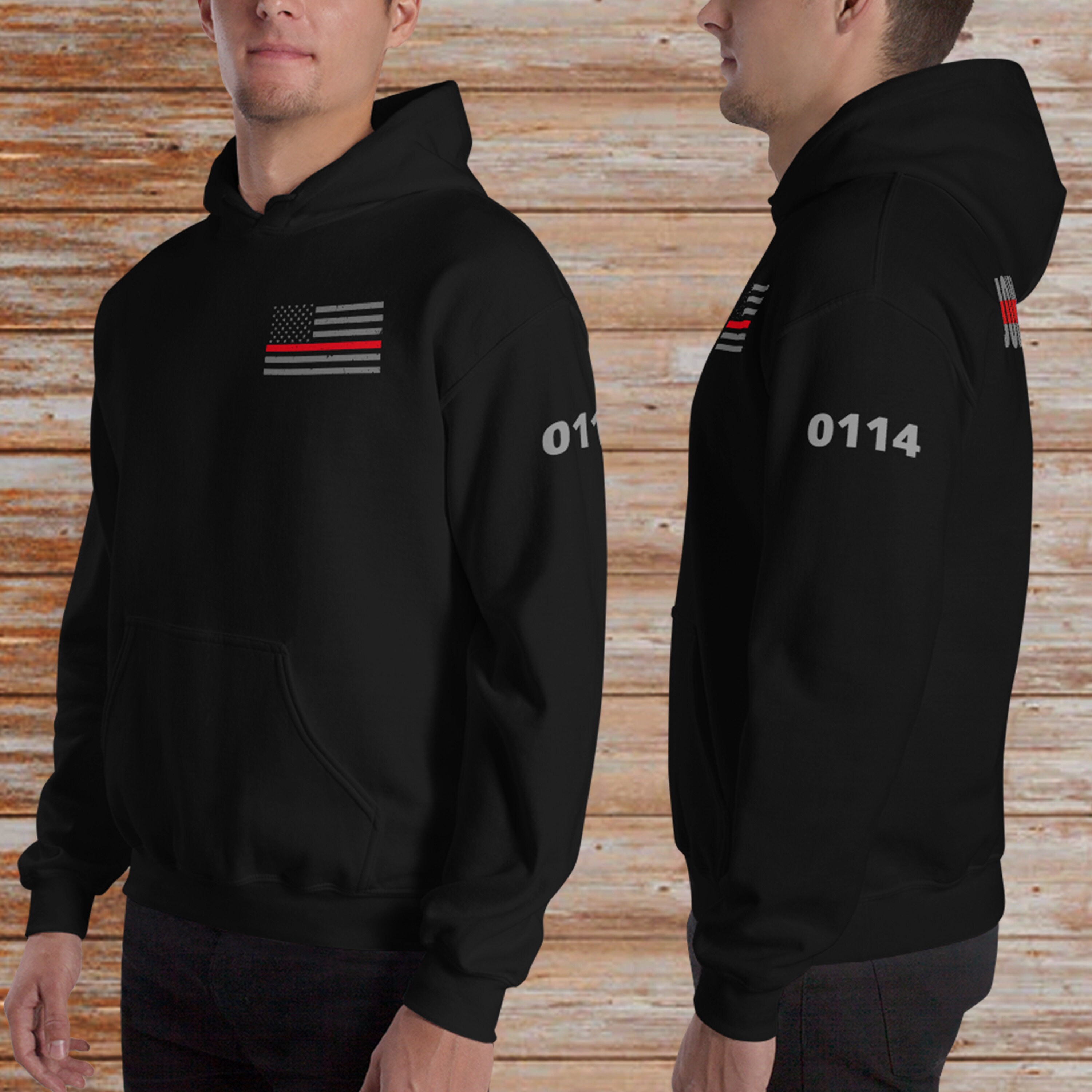 Custom Thin Red Line Flag Hoodie With Badge Number - Firefighter Gift ...