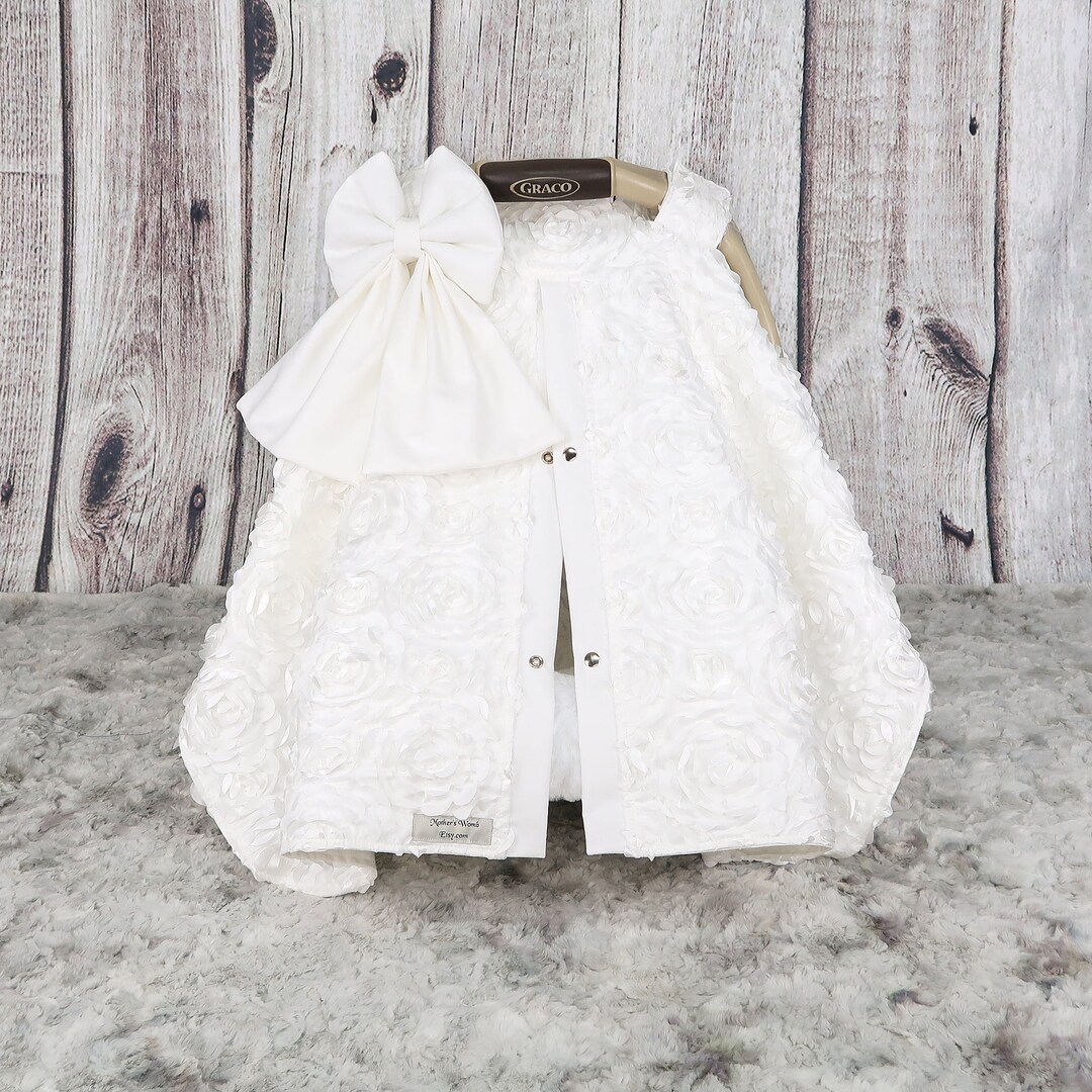 White Rosette Baby Girl Car Seat Cover Canopy - Personalized Bow ...