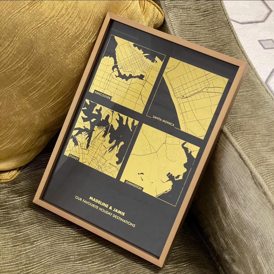 A4 Any Four Locations Metallic Map Print Custom Foil Map Personalised ...