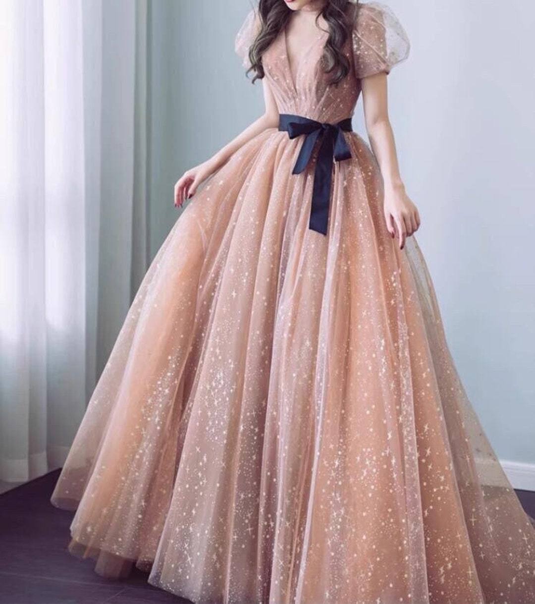 Pink Starry Prom Dress, Moon and Star Evening Dress, Pink Shinning ...