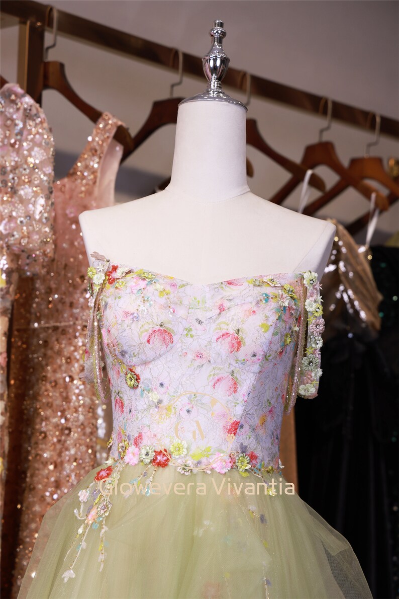 Green Elf, Emerald Tulle Embroidery Dress, Elegant Sequins Floral ...