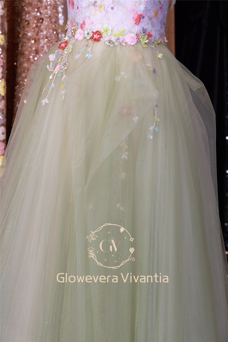 Green Elf, Emerald Tulle Embroidery Dress, Elegant Sequins Floral ...
