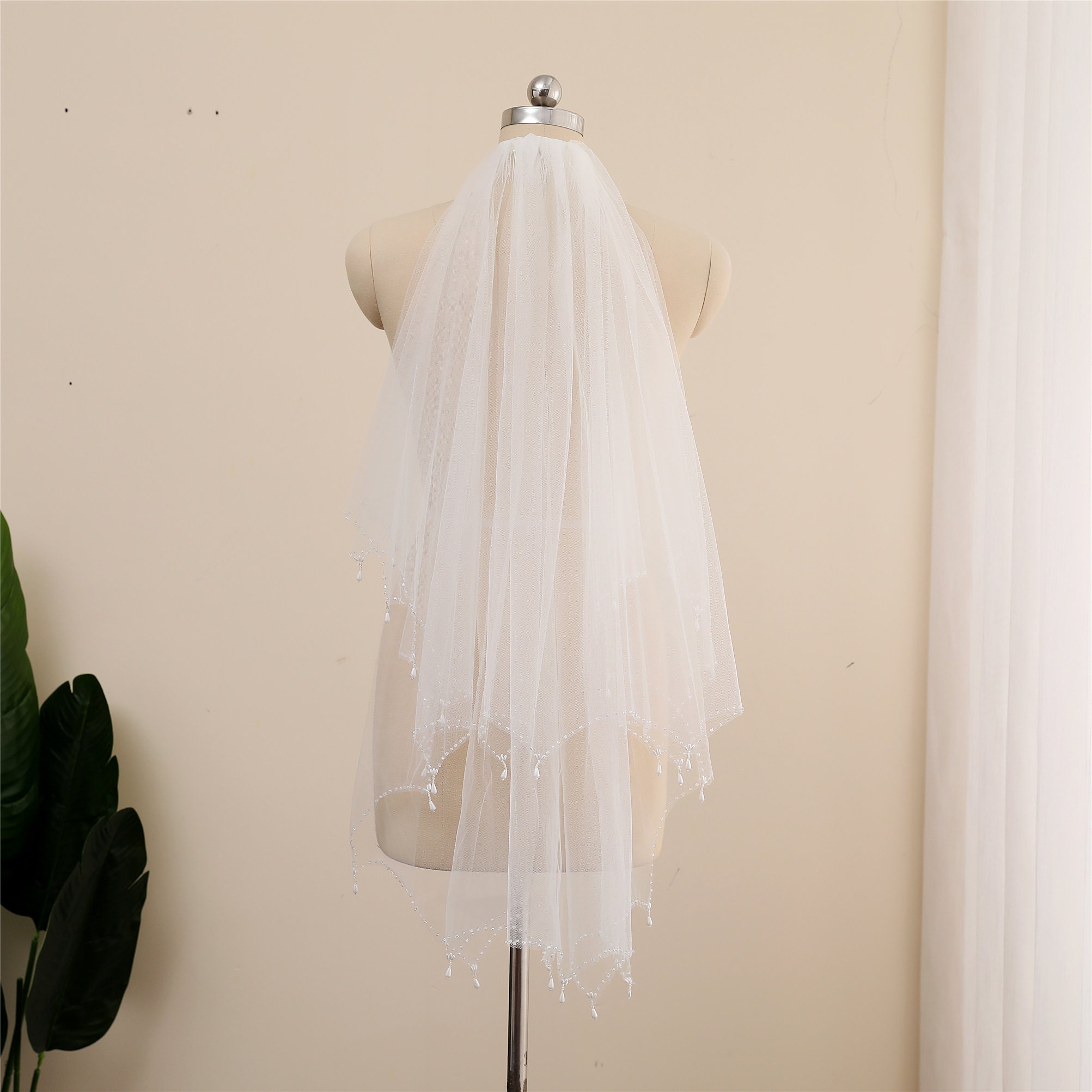 Wave Shaped Veil With Beading Tassel, Bridal Beading Veil, 2-tier ...