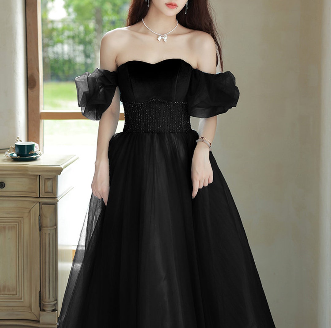 Hepburn Style Black Prom Dress, Off-shoulder Evening Dress, Elegant ...
