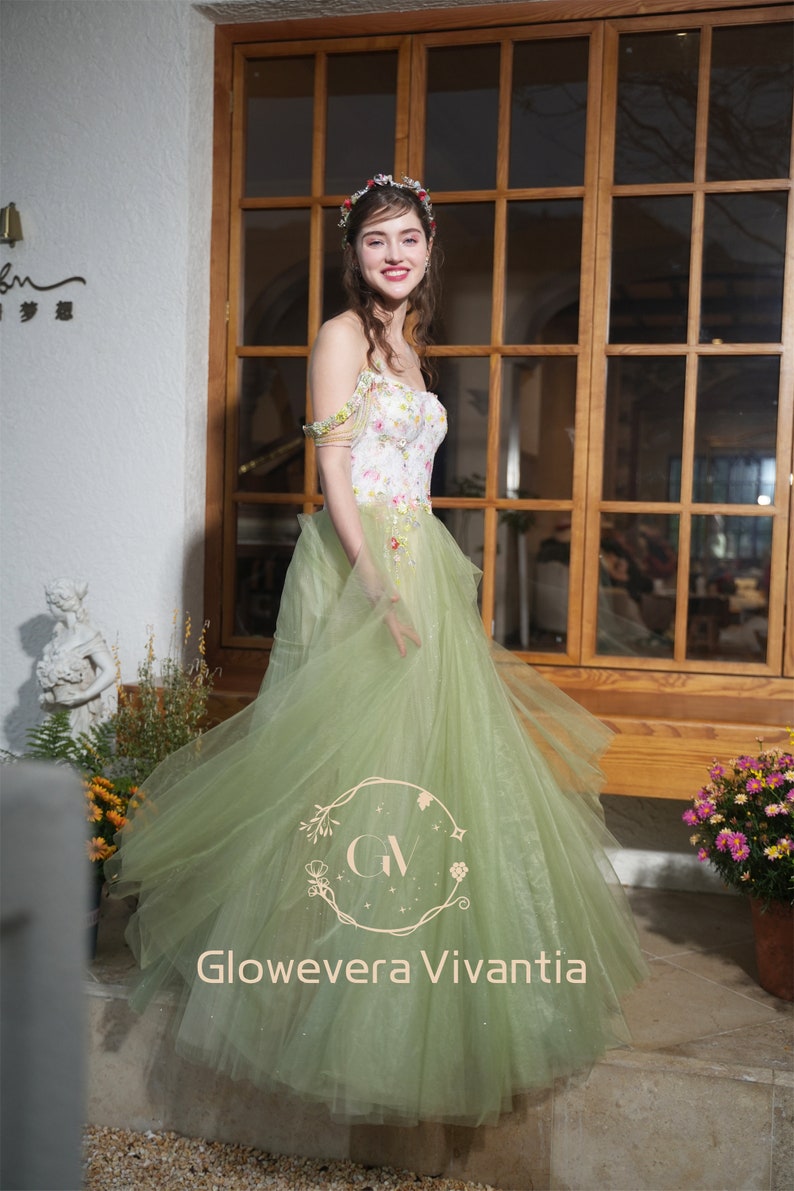 Green Elf, Emerald Tulle Embroidery Dress, Elegant Sequins Floral ...