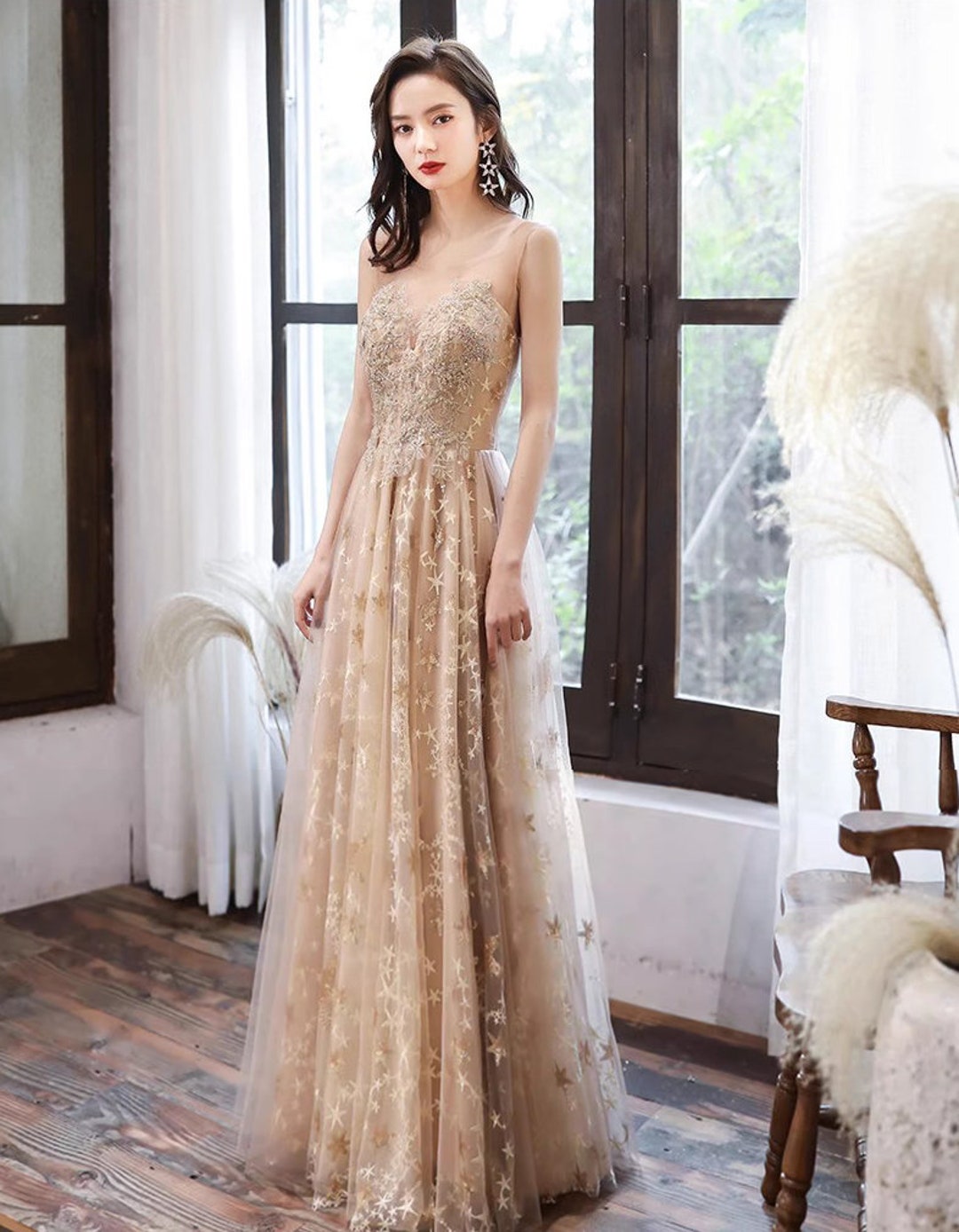 Pink Starry Prom Dress, Sequins Moon and Star Evening Dress, Pink ...