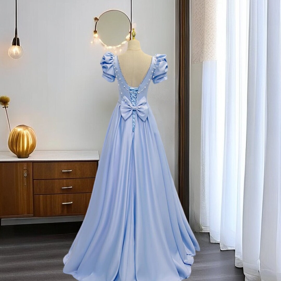 Light Blue Fairy Satin Prom Dress Luxurious Bow Knot Prom Dress With ...