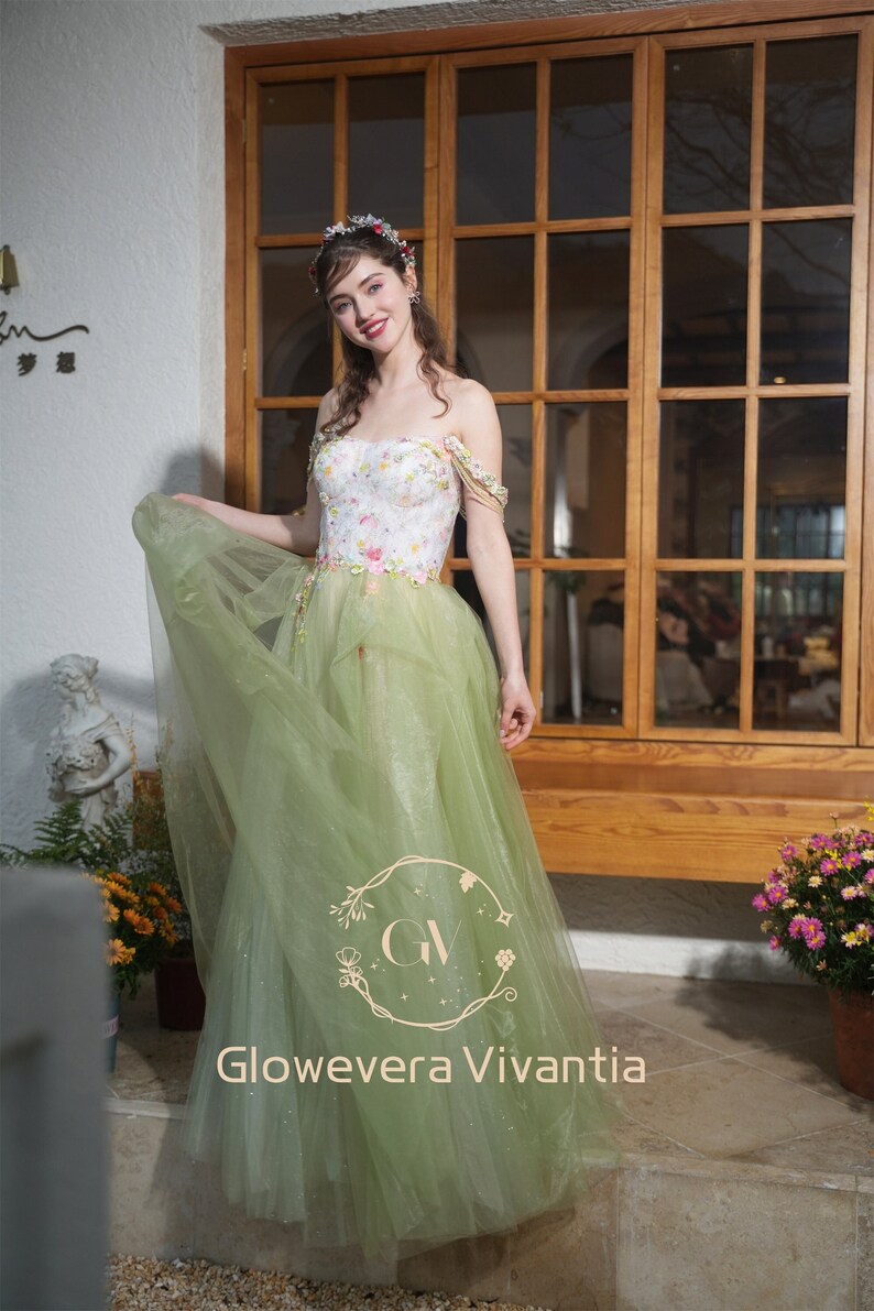 Green Elf, Emerald Tulle Embroidery Dress, Elegant Sequins Floral ...
