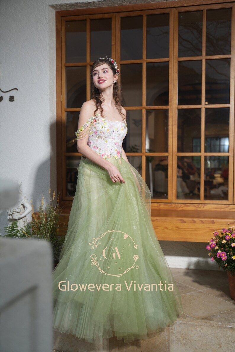 Green Elf, Emerald Tulle Embroidery Dress, Elegant Sequins Floral ...
