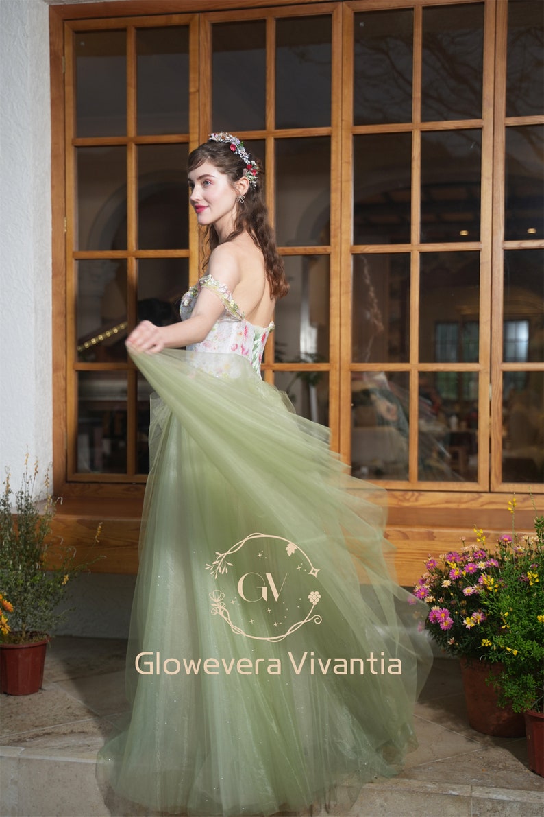 Green Elf, Emerald Tulle Embroidery Dress, Elegant Sequins Floral ...
