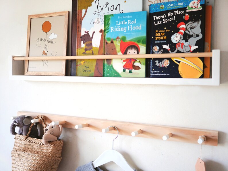 Kids Bookshelf & Peg Rail Combo pine Wood Kids Peg Rail | Etsy