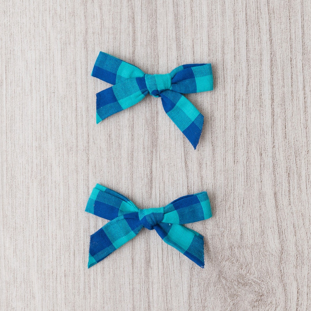 Blue and Teal Plaid Fabric Bows | Girl Bows | Pigtail Bows | Headband ...