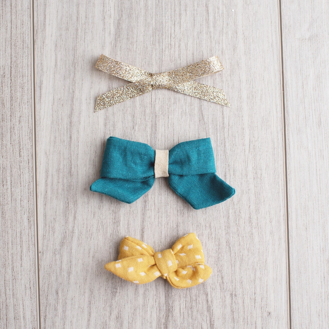 Gold Sparkle, Teal Fabric & Yellow Fabric Bows | Girl Bows | Teal Bow ...