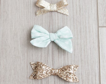 Gold Sparkle Teal Fabric and Purple Glitter Bows Girl Bows | Etsy