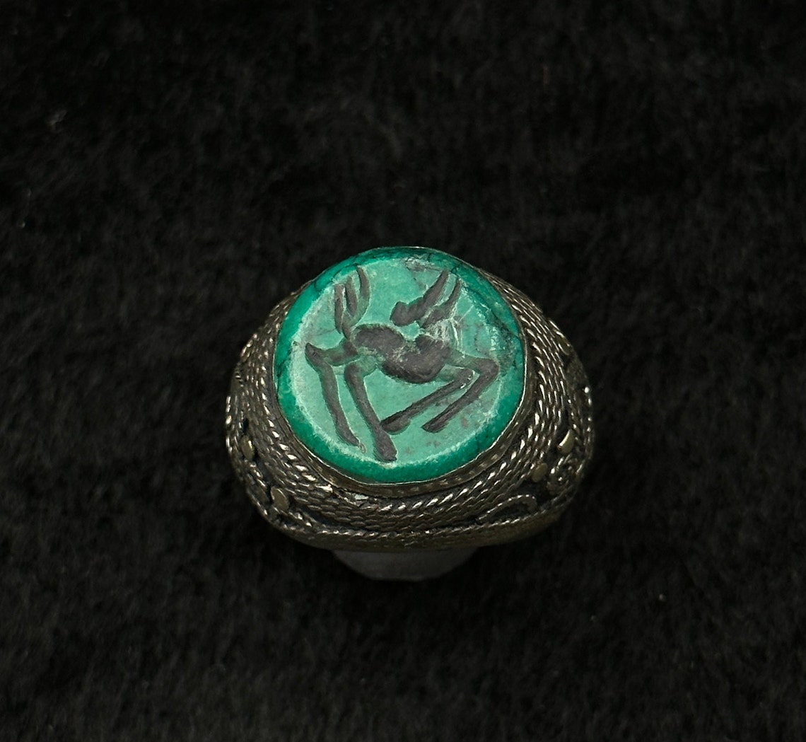 Very Old Solid Silver Rare Old Ring With Deer Intaglio Turquoise Stone ...