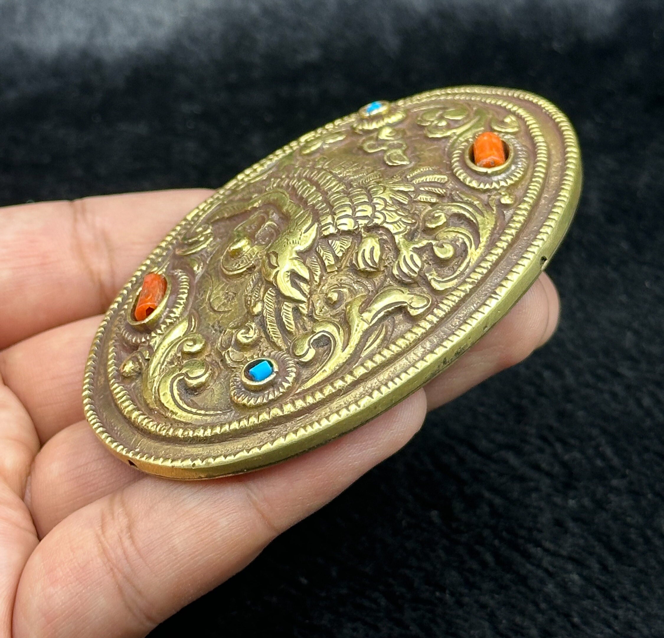 VINTAGE Tibetan Brass Handmade Beautiful Belt Buckle With Turquoise and ...