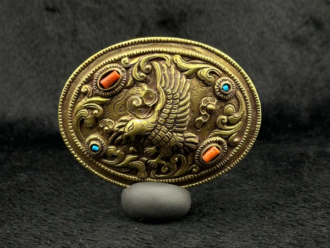 VINTAGE Tibetan Brass Handmade Beautiful Belt Buckle With Turquoise and ...