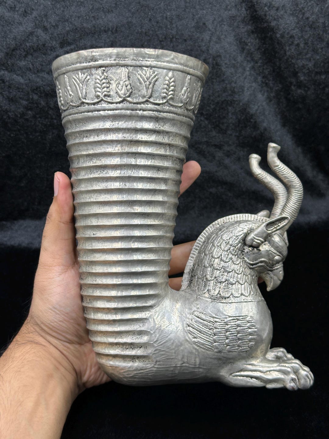 Ancient Silver Plated Rhyton, Winged Griffin Horn Cup, 1st Century BC ...