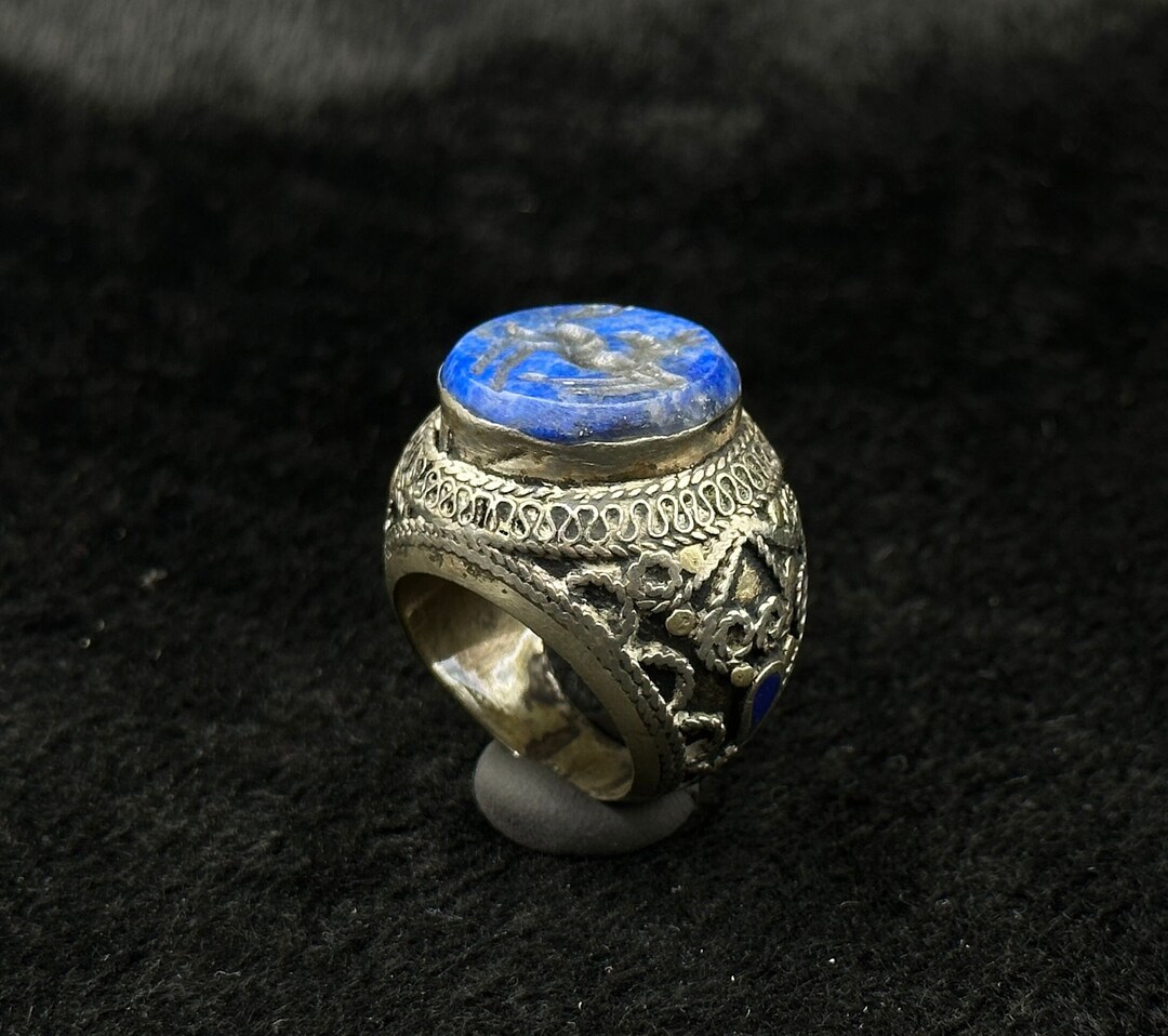Very Old Solid Silver Rare Ring With Deer Intaglio Lapis Lazuli Stone ...