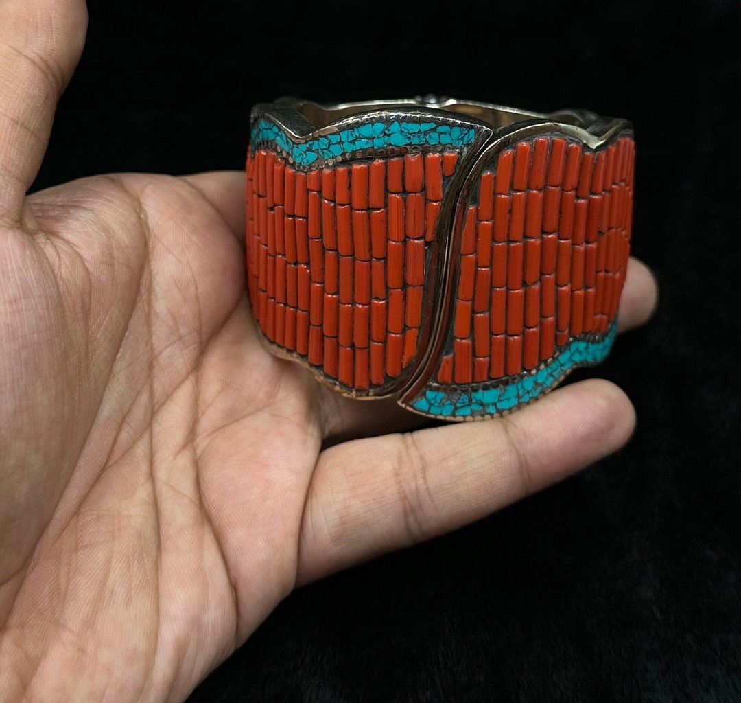 Vintage Tibetan Nepalese Cuff Bangle With Turquoise and Coral Stone - Etsy