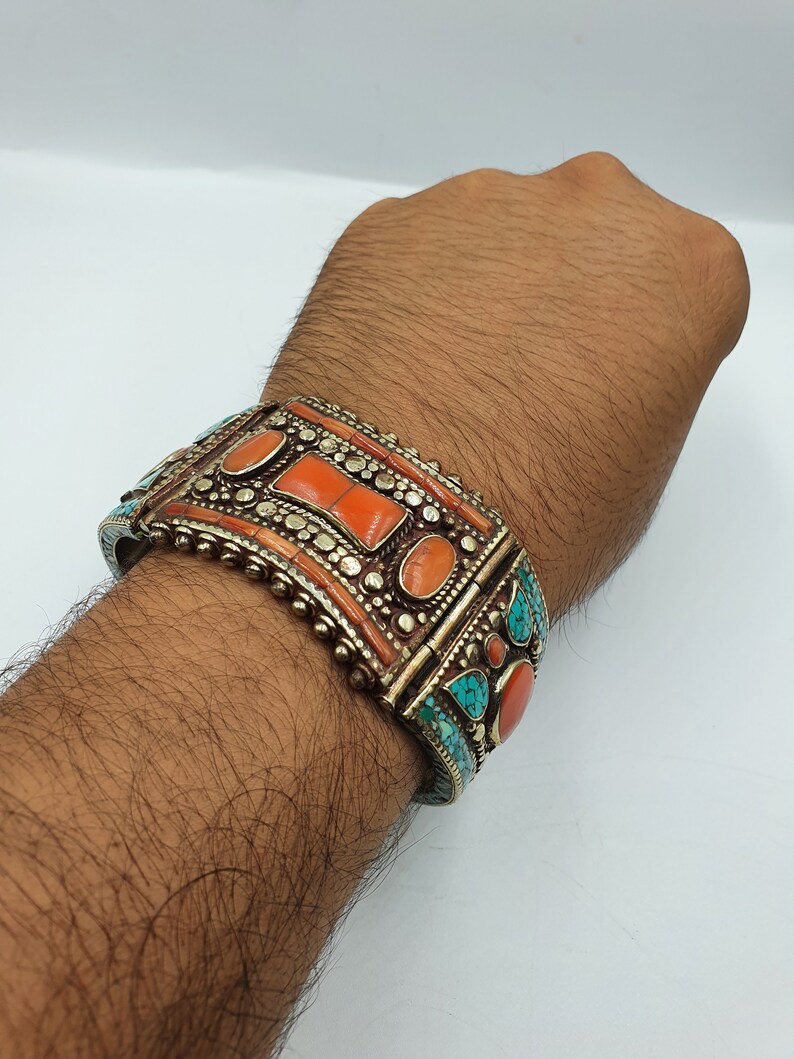 Vintage Tibetan Nepalese Cuff Bangle With Turquoise And Coral | Etsy