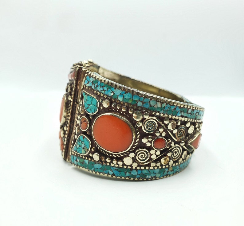 Vintage Tibetan Nepalese Cuff Bangle With Turquoise And Coral | Etsy