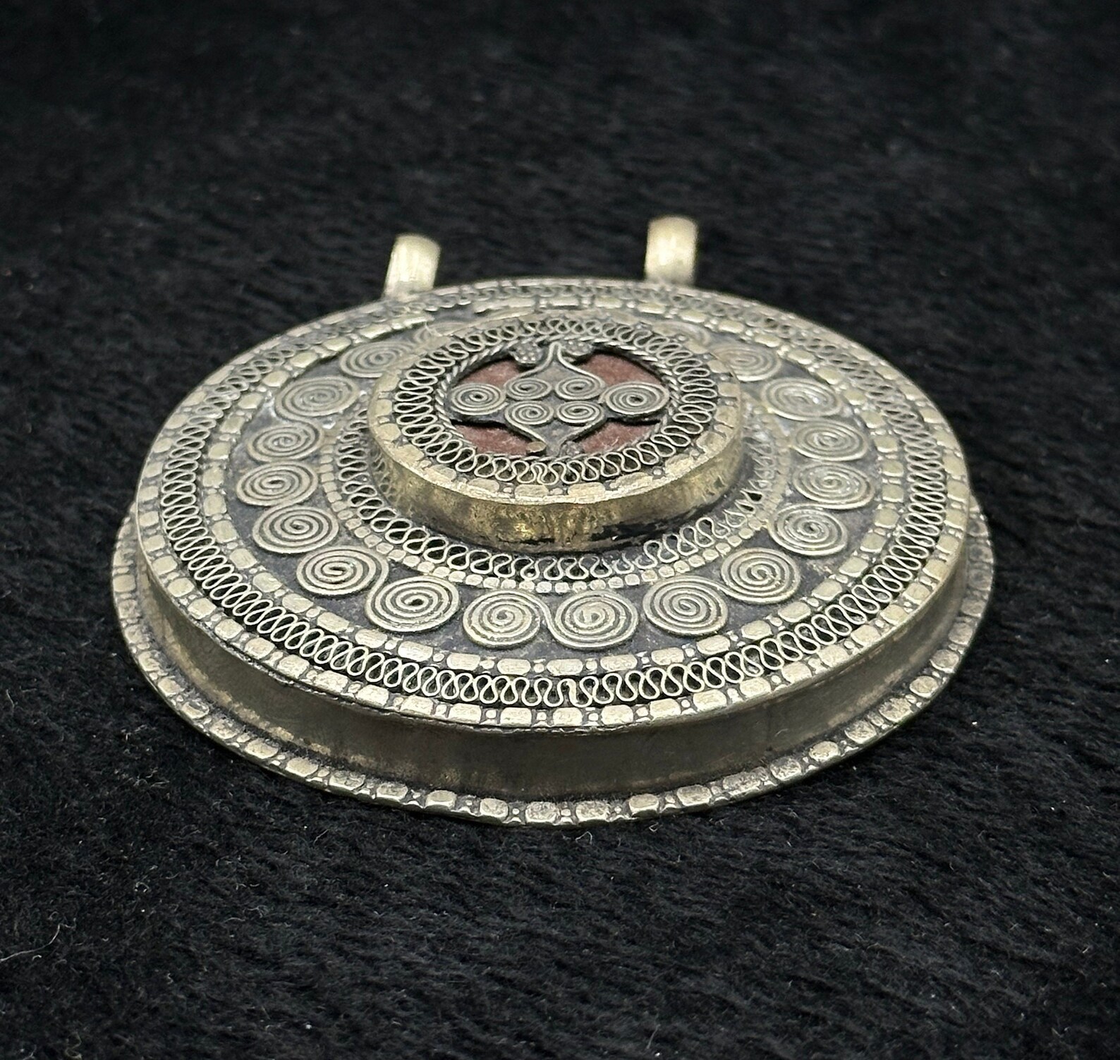 Huge Old Turkmen Silver Beautiful Round Handmade Pendant With Red Glass ...