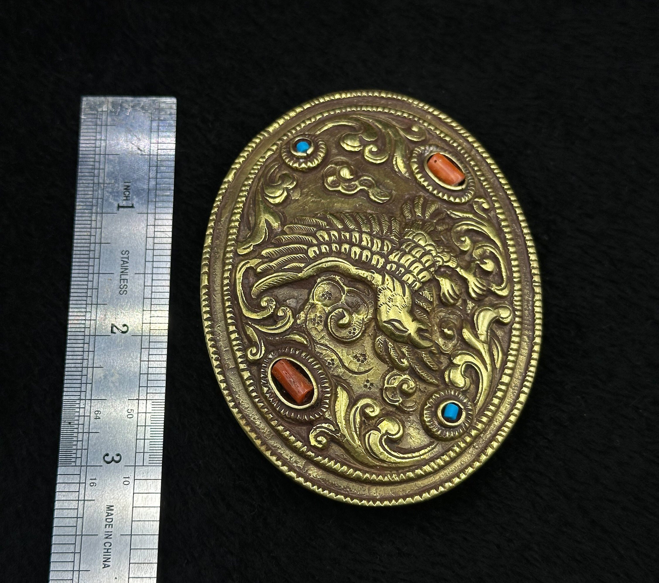 VINTAGE Tibetan Brass Handmade Beautiful Belt Buckle With Turquoise and ...
