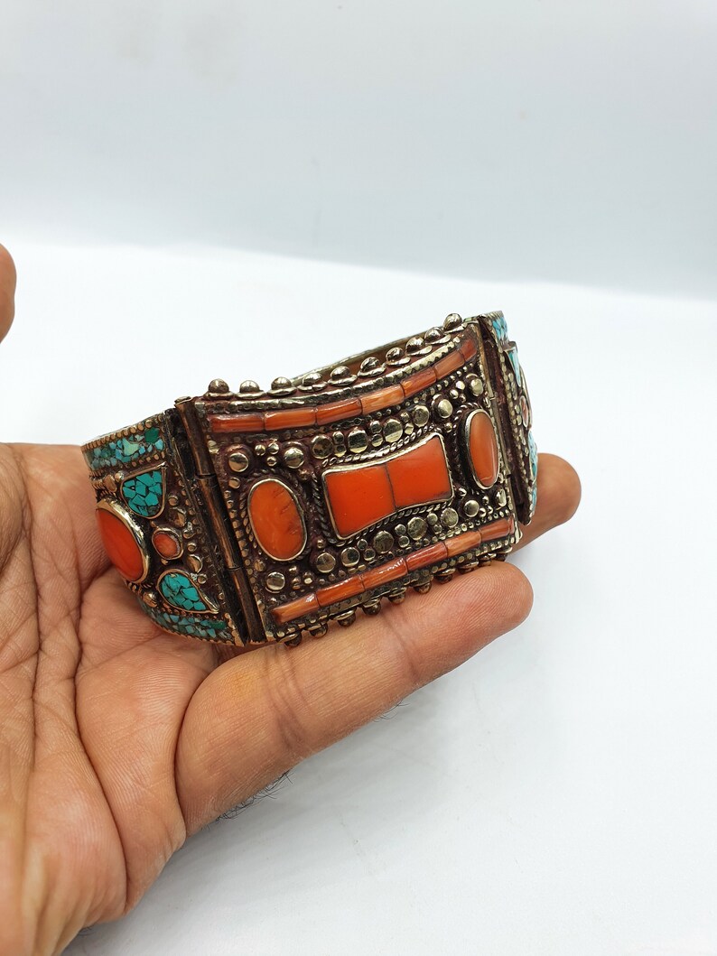 Vintage Tibetan Nepalese Cuff Bangle With Turquoise And Coral | Etsy