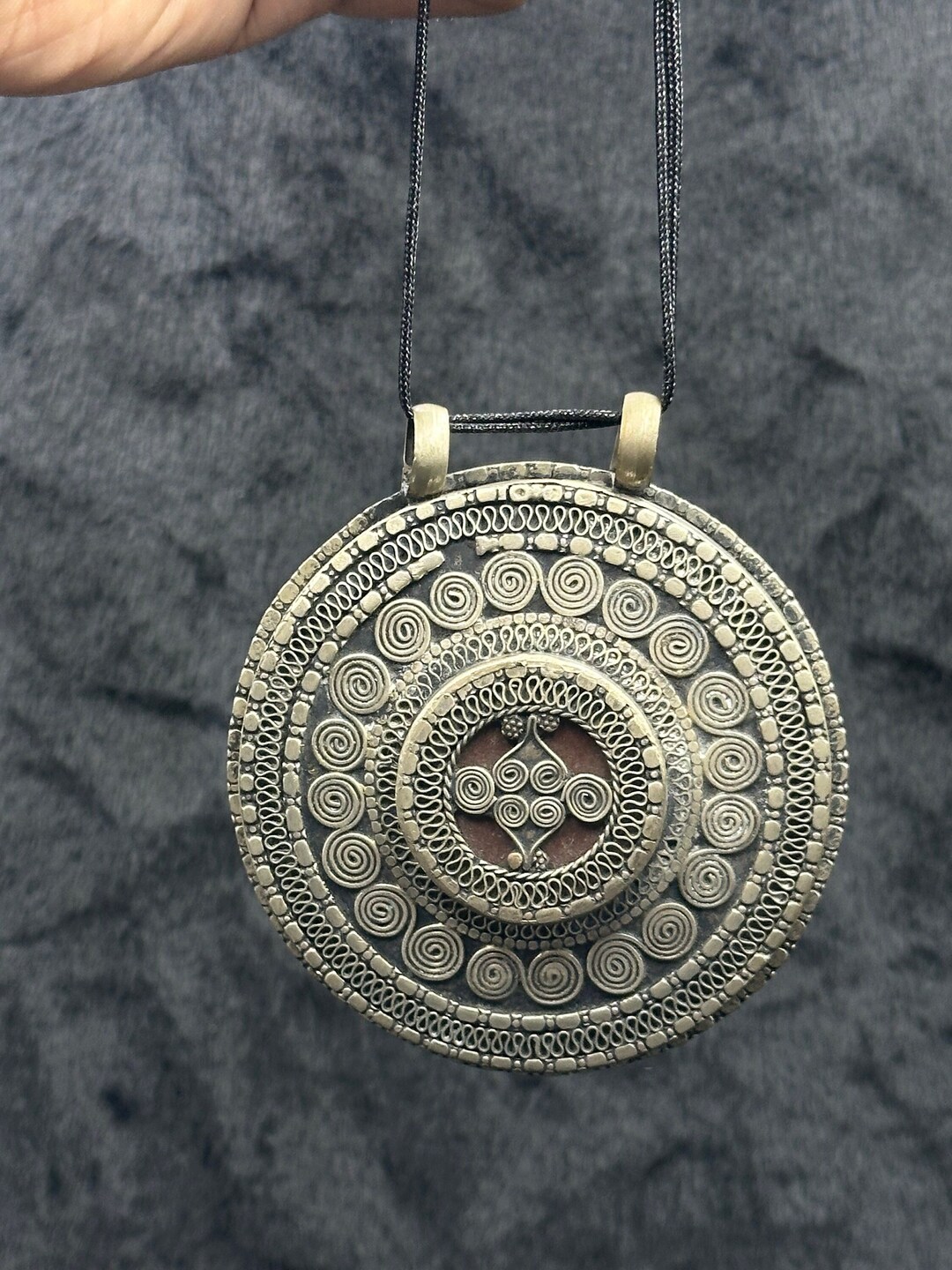 Huge Old Turkmen Silver Beautiful Round Handmade Pendant With Red Glass ...