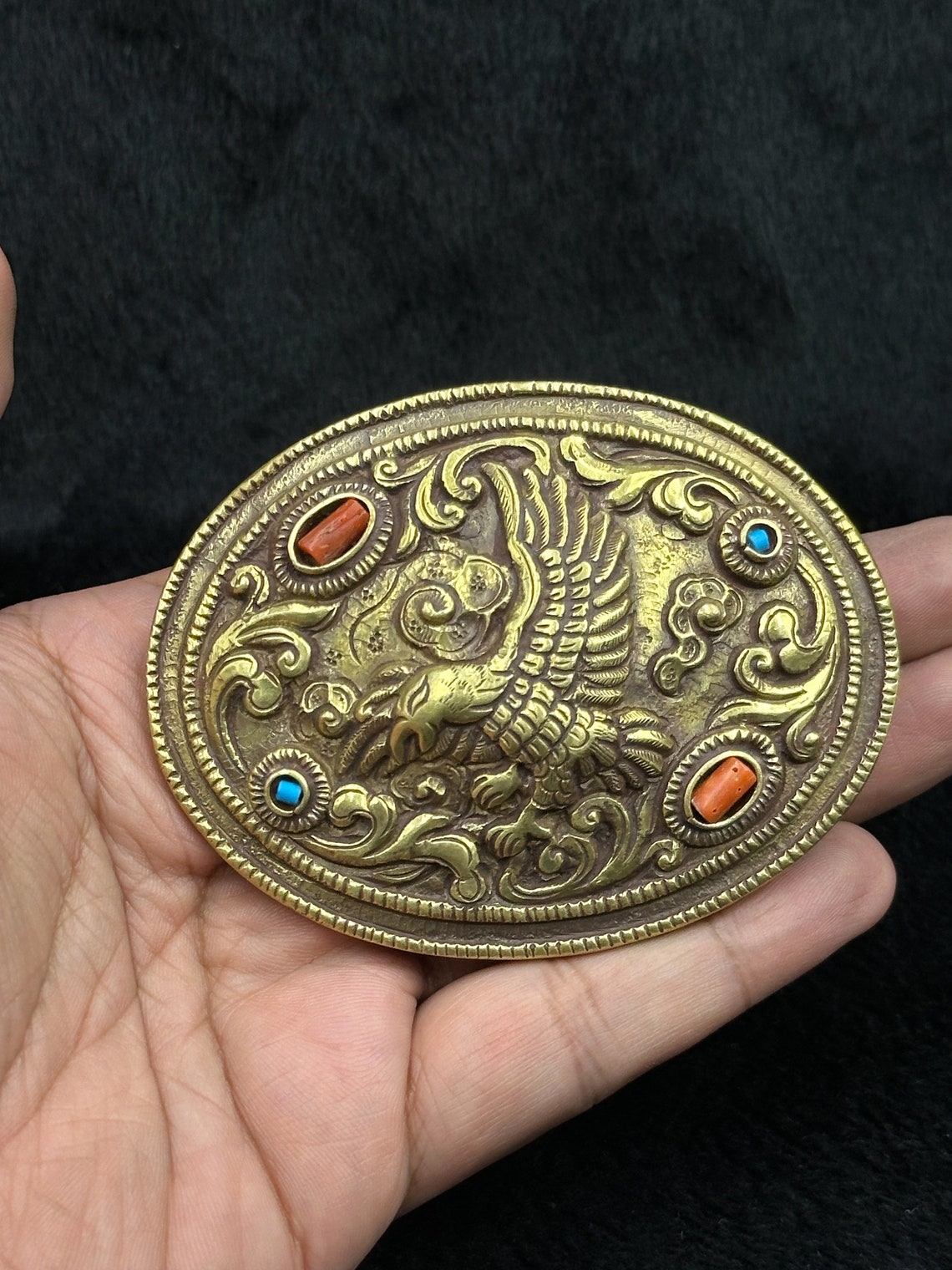 VINTAGE Tibetan Brass Handmade Beautiful Belt Buckle With Turquoise and ...