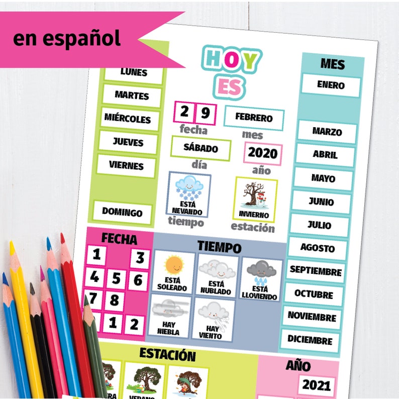 Calendario de aula de español para niños, calendario imprimible en PDF ...