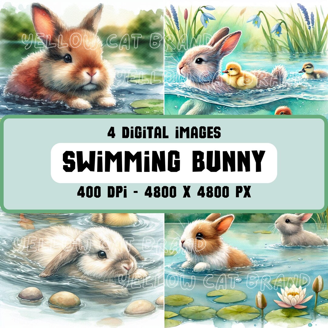 4 Swimming Bunny Images | Water Lily | Watercolor Digital Paper ...
