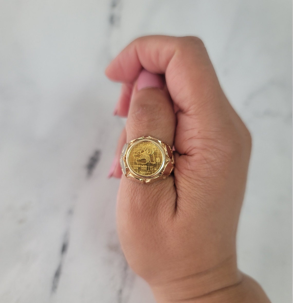 Panda Coin Ring With Pebble Nugget Textured Ring 14k Yellow - Etsy