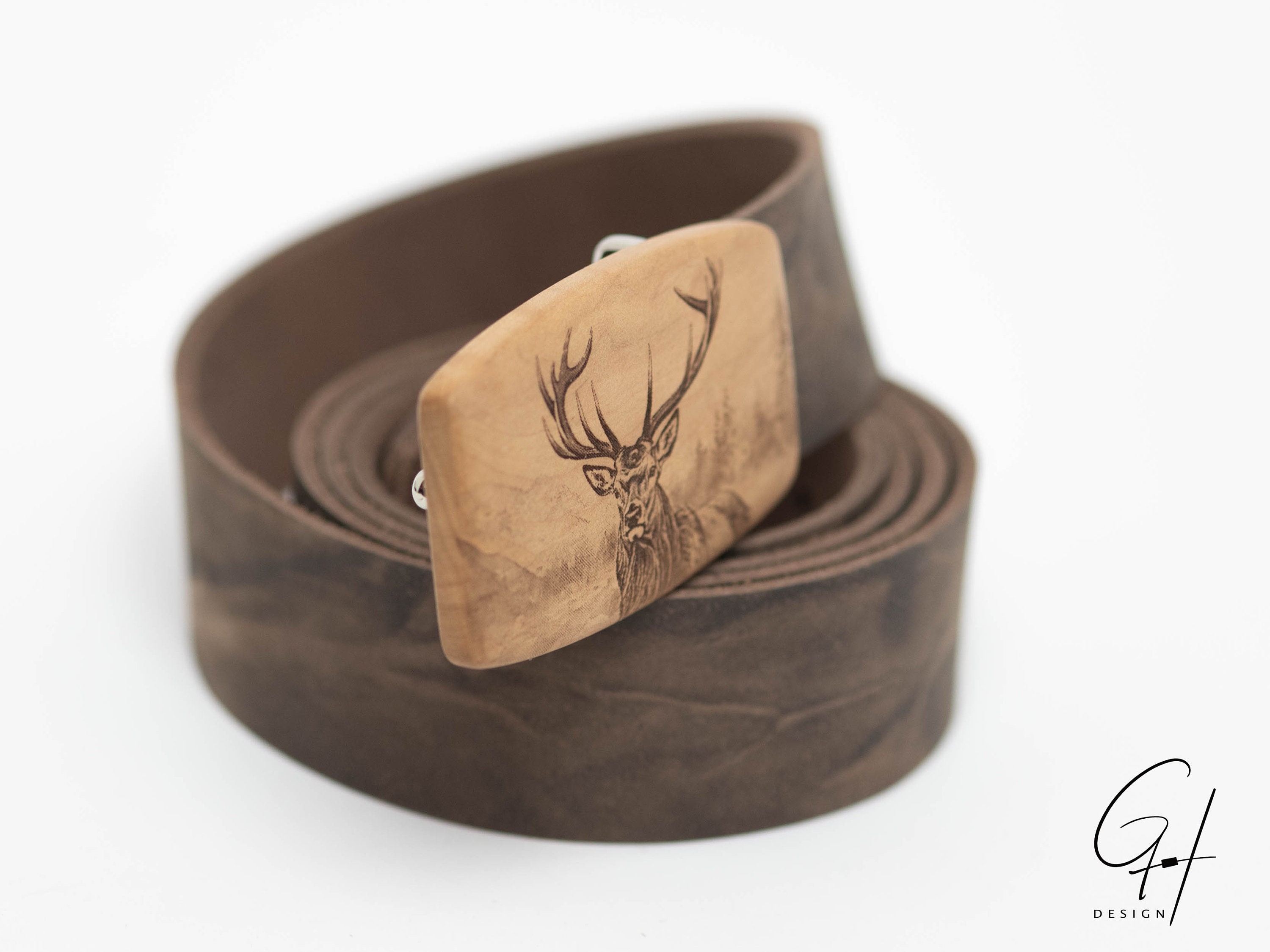 Leather Belt With Deer Wooden Buckle / Hunter Belt / Hunting / Deer ...