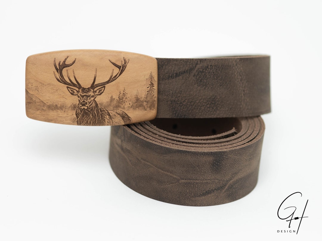 Leather Belt With Deer Wooden Buckle / Hunter Belt / Hunting / Deer ...