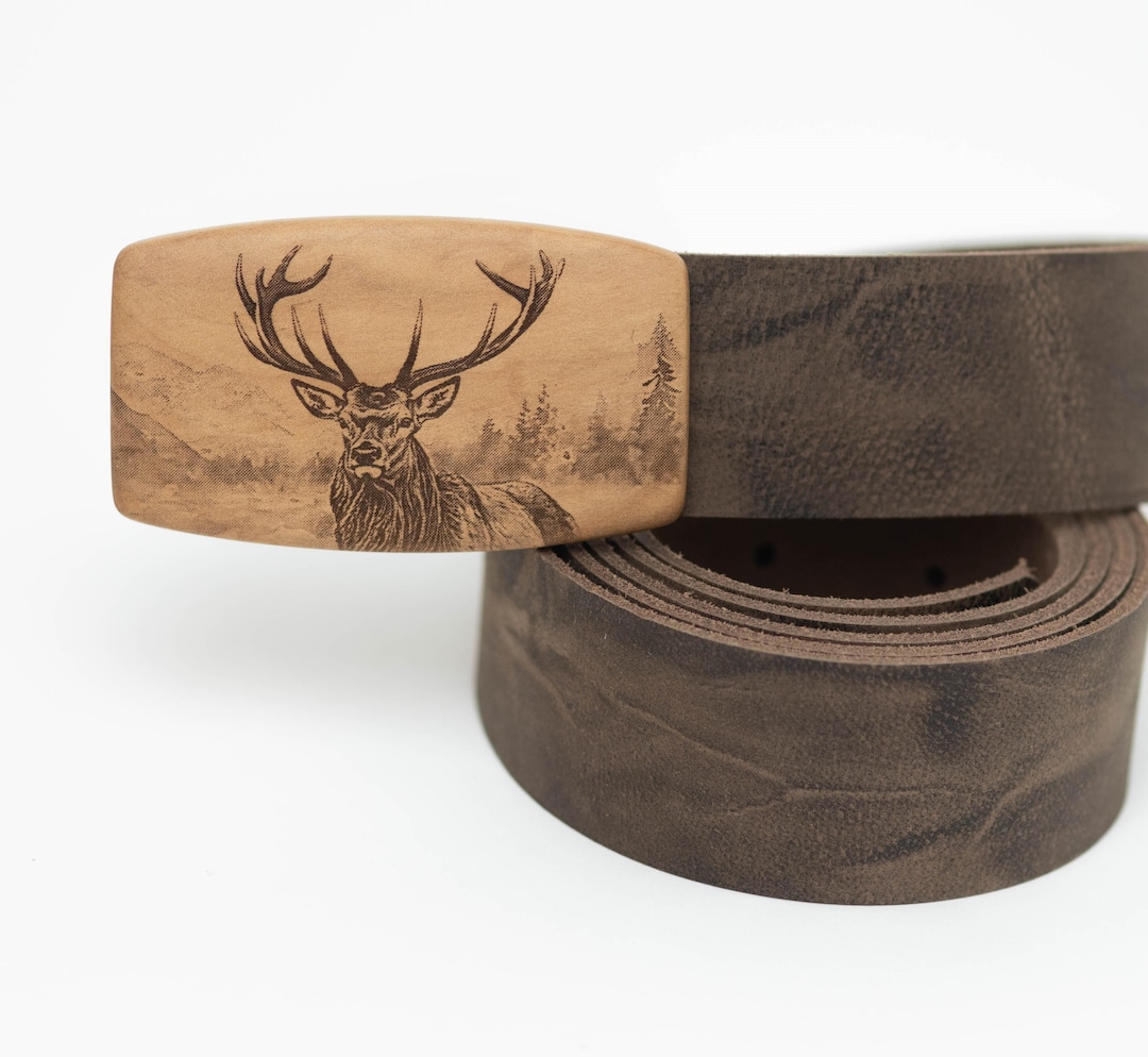 Leather Belt With Deer Wood Buckle / Hunter's Belt / Hunting / Deer ...