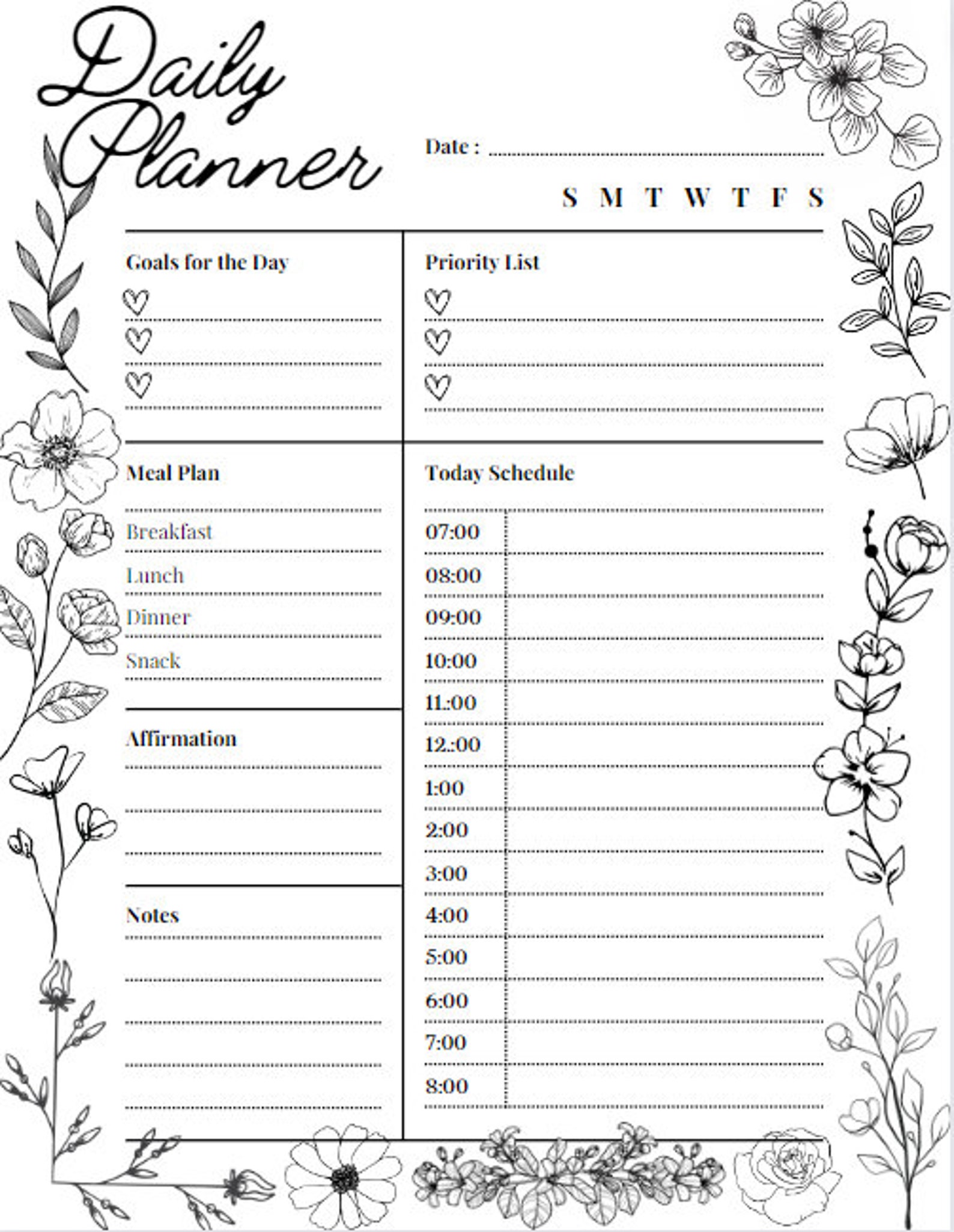 Daily Floral Planner Printable Digital Instant PDF Hourly to - Etsy