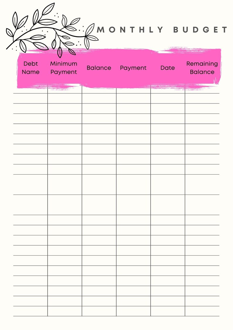 Pink Tracker Yearly Monthly Money Budget Expense Instant - Etsy