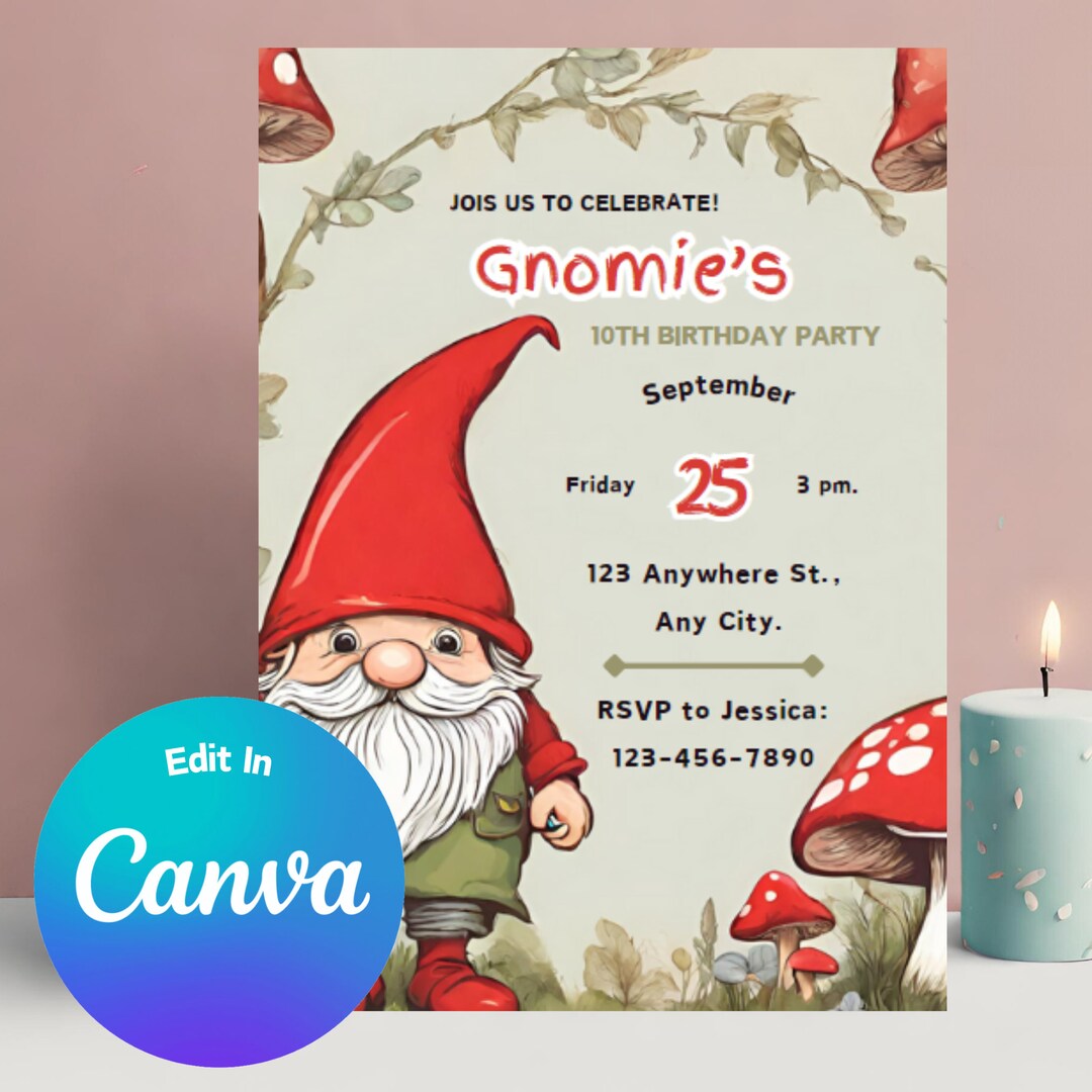 DIY Gnome Birthday Invitation (digital Template) - Editable in Canva - Etsy