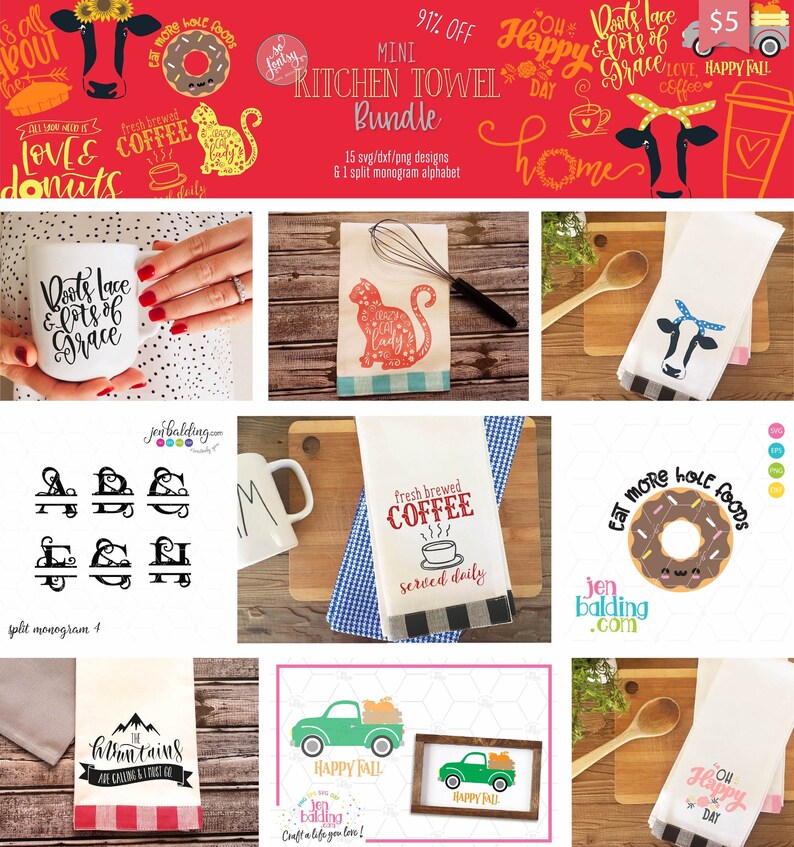 Kitchen Towel SVG Design Bundle 15 Cut Files Commercial | Etsy